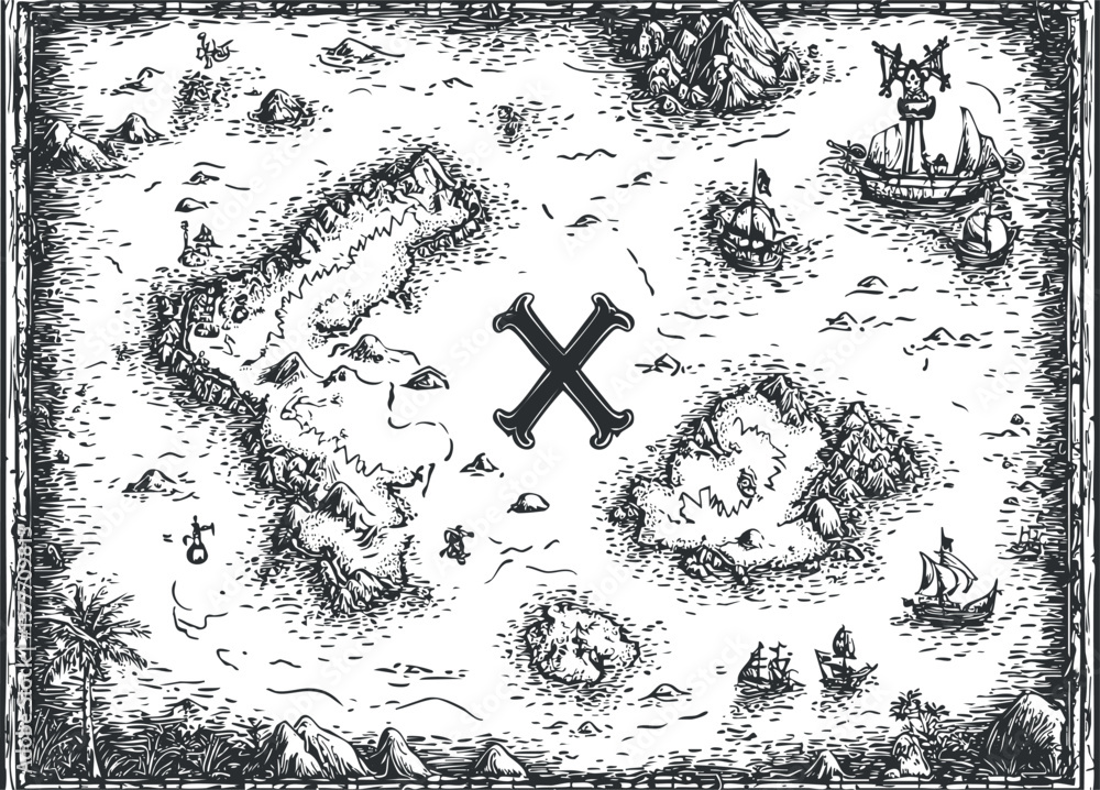 Vintage black and white pirate treasure map illustration with islands ...