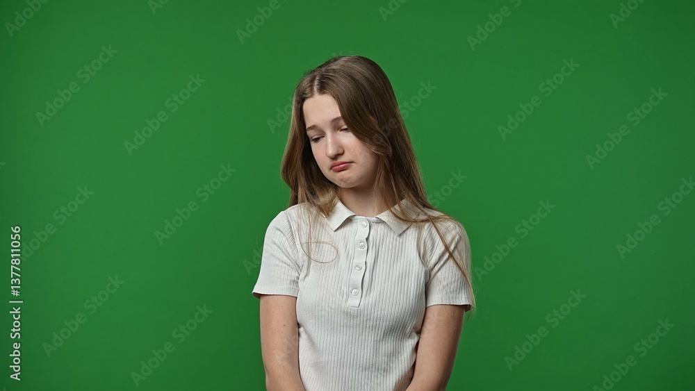 Teenage girl posing at camera with sad upset expression and sighing ...
