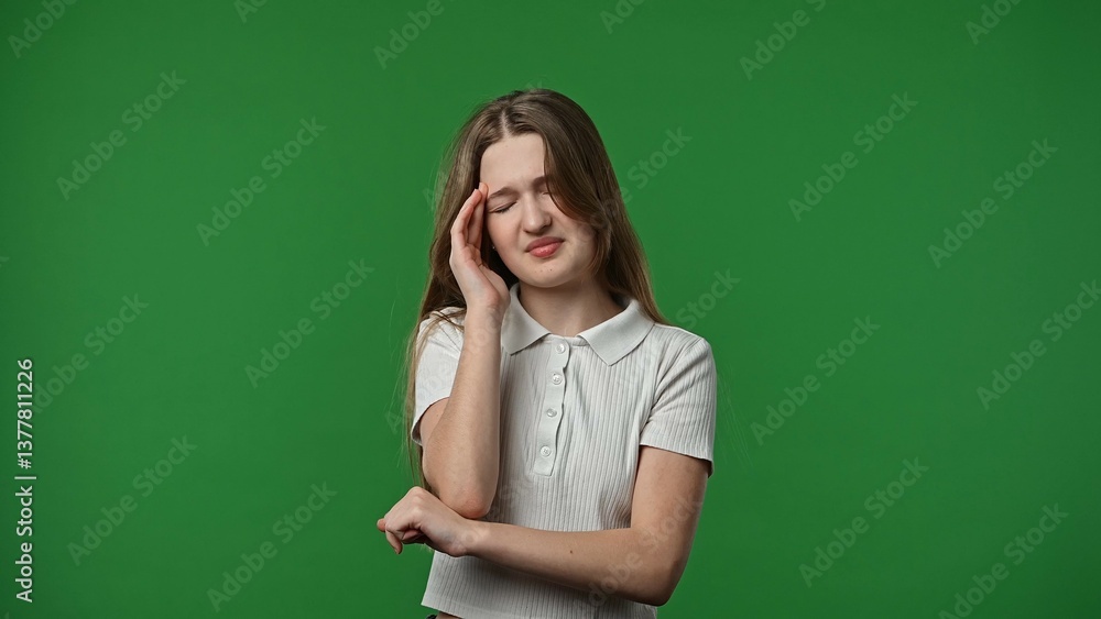 Teenage girl posing at camera having headache and massaging temples ...