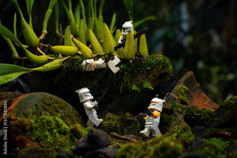 Depok, Indonesia - April 1, 2025: Lego toys photography, 1st phase clone troopers in dark forest ...