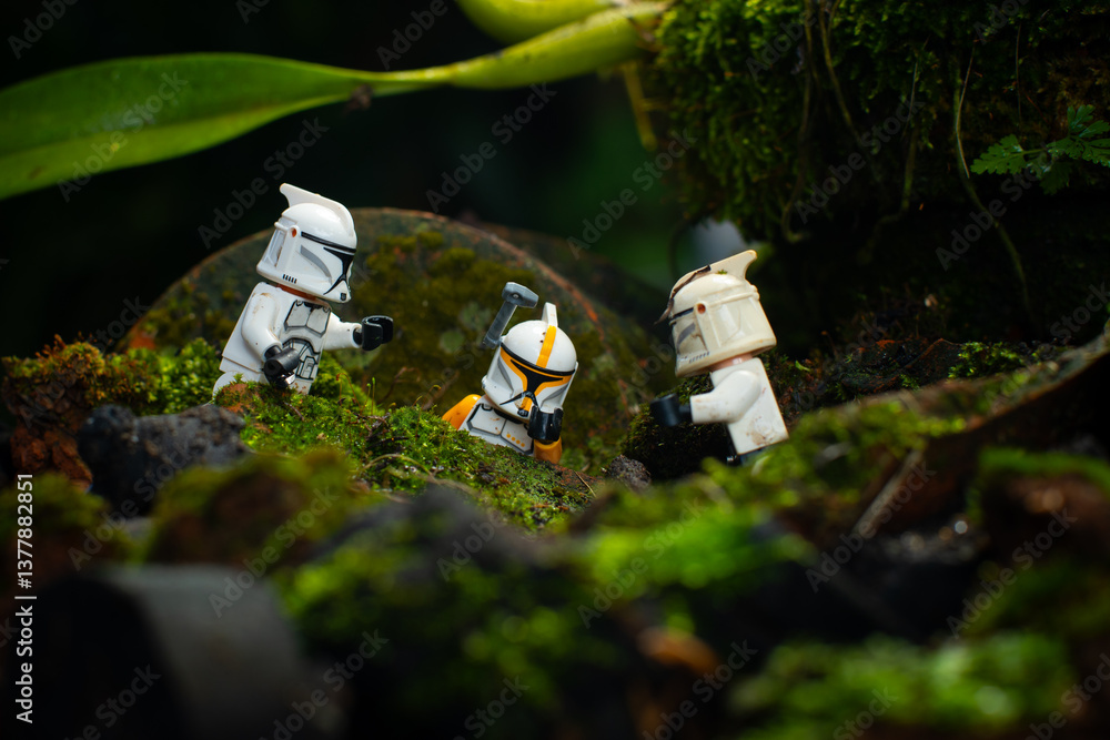 Depok, Indonesia - April 1, 2025: Lego toys photography, 1st phase clone troopers in dark forest ...