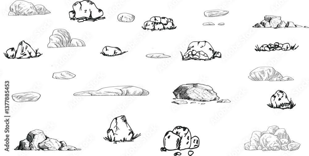 Minimal sketch style cad tree stone line drawing, Side view, set of ...