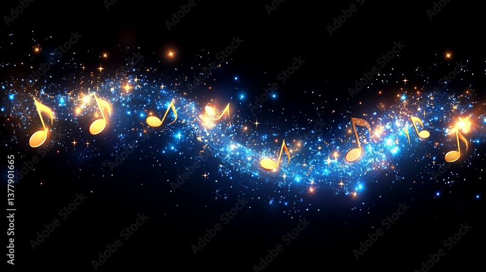 A long line of musical notes are floating in the air. Blue background ...