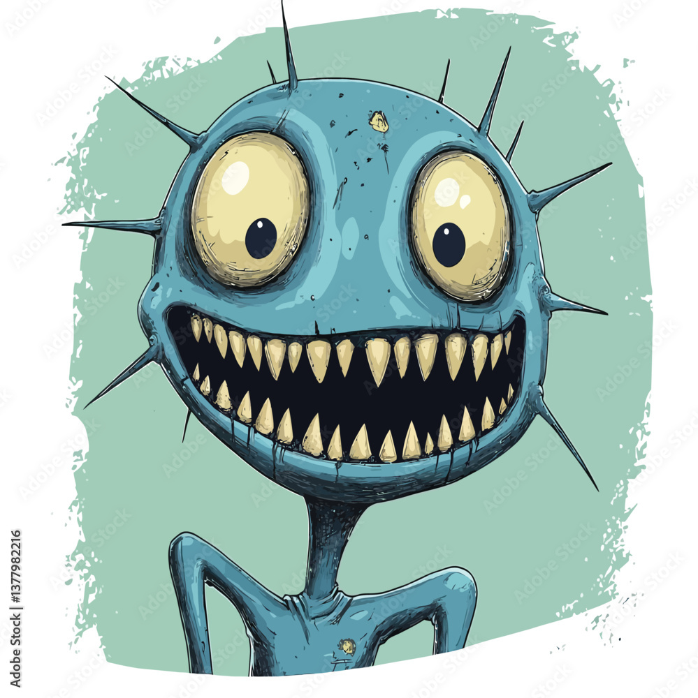 Cartoon Green Alien with Red Eyes – Laughing Spiky Character vector art ...