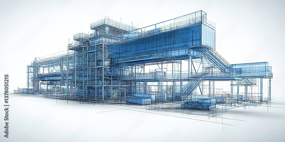 Modern architectural design displayed in a detailed blue schematic ...