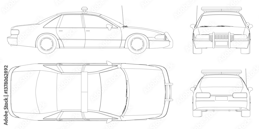 A Police car is shown in a series of drawings, with the front, back ...