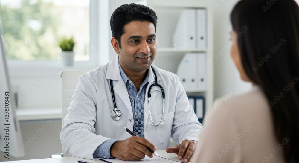 Doctor consulting female patient in bright medical office. Healthcare ...