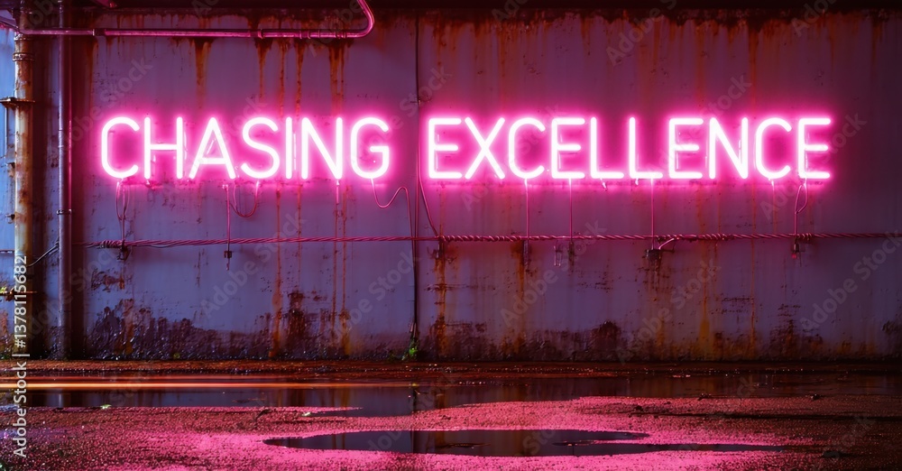 Glowing message chasing excellence in magenta and white neon bold font ...