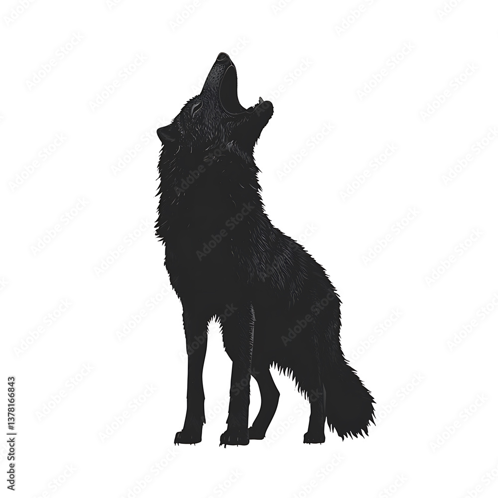Silhouette of a wolf standing on its hind legs head raised in a howl ...