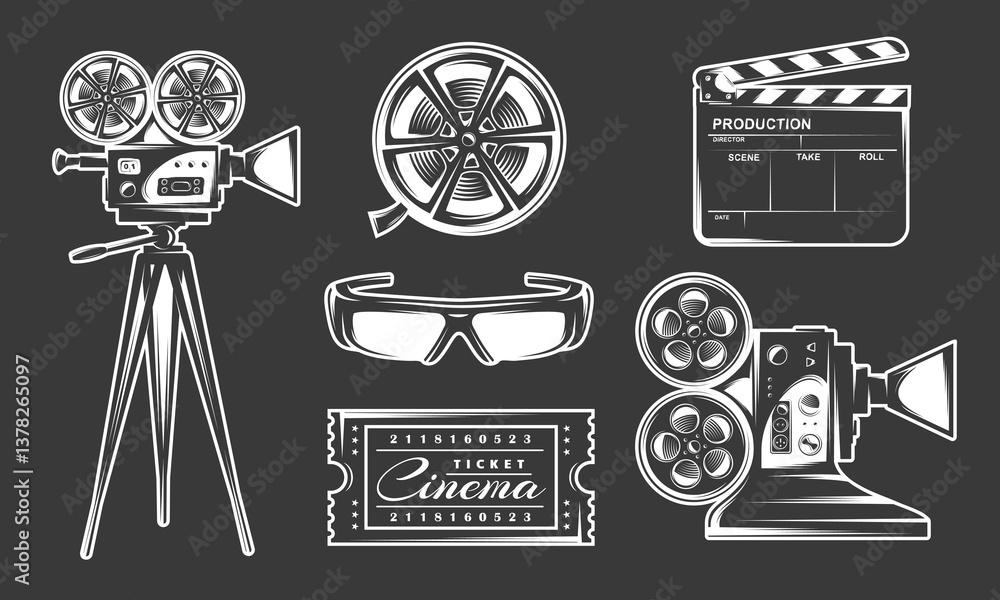 Cinema icon vintage set isolated on black background. Design element logo label emblem: film ...