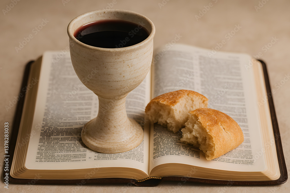 Communion Elements with Bible – Bread and Wine Symbolizing the Last Supper, Christian Faith ...