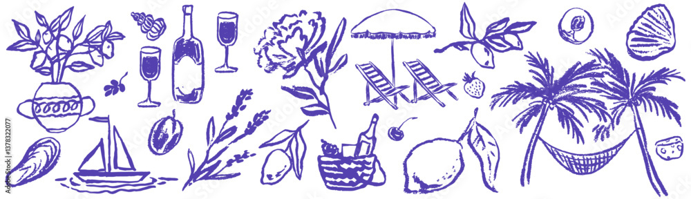 Italian amalfi sicily style vacation hand drawn vector illustrations in ...
