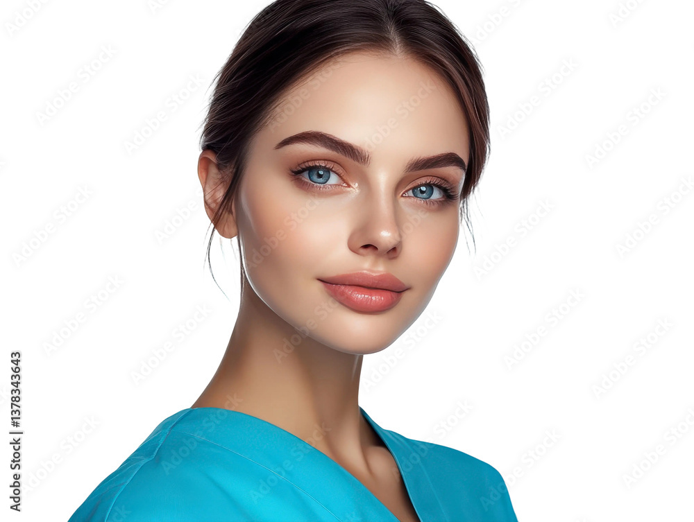 Beautiful young woman with flawless skin and blue eyes wearing medical ...