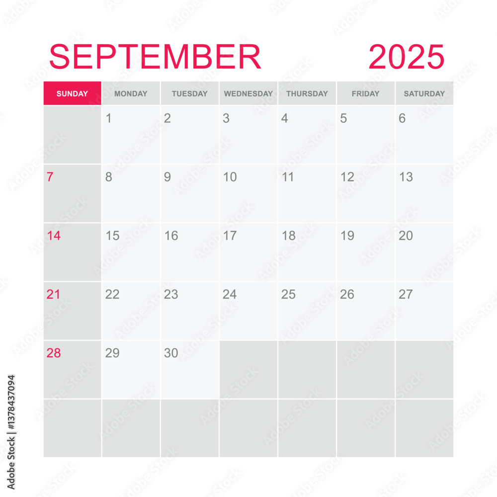 Classic monthly calendar for 2025. week starts on sunday. simple ...