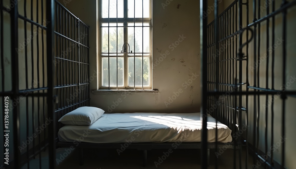 Prison cell with bed, barred window. Daylight illuminates gaol interior ...