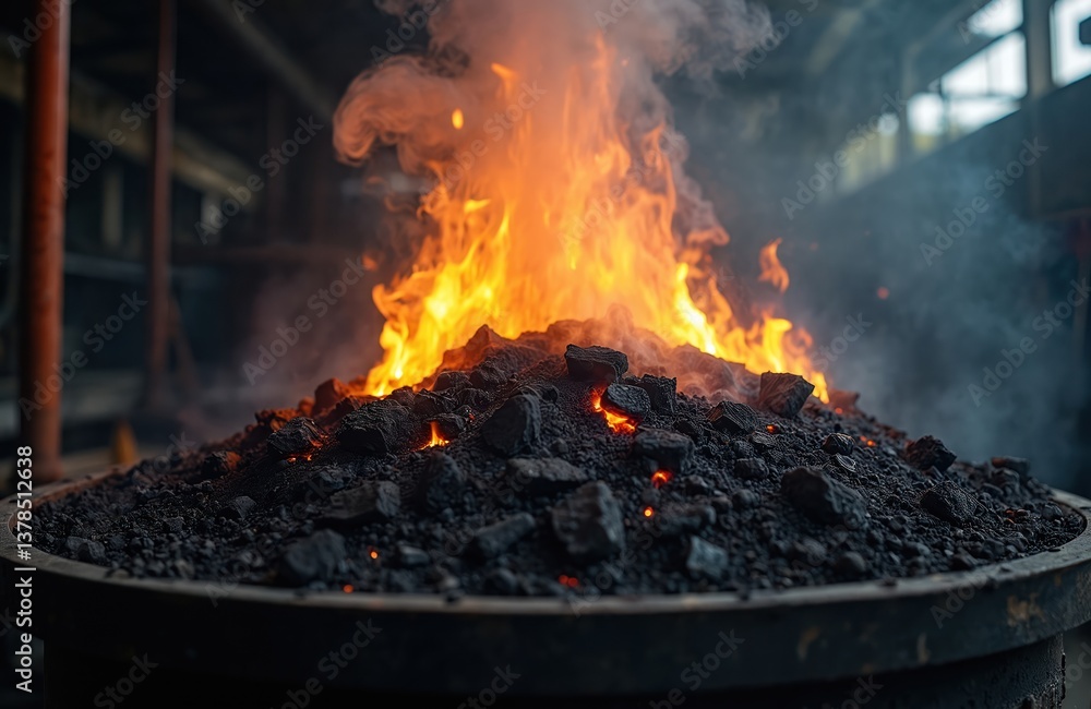 High-tech pyrolysis process plant image. Burning organic material ...