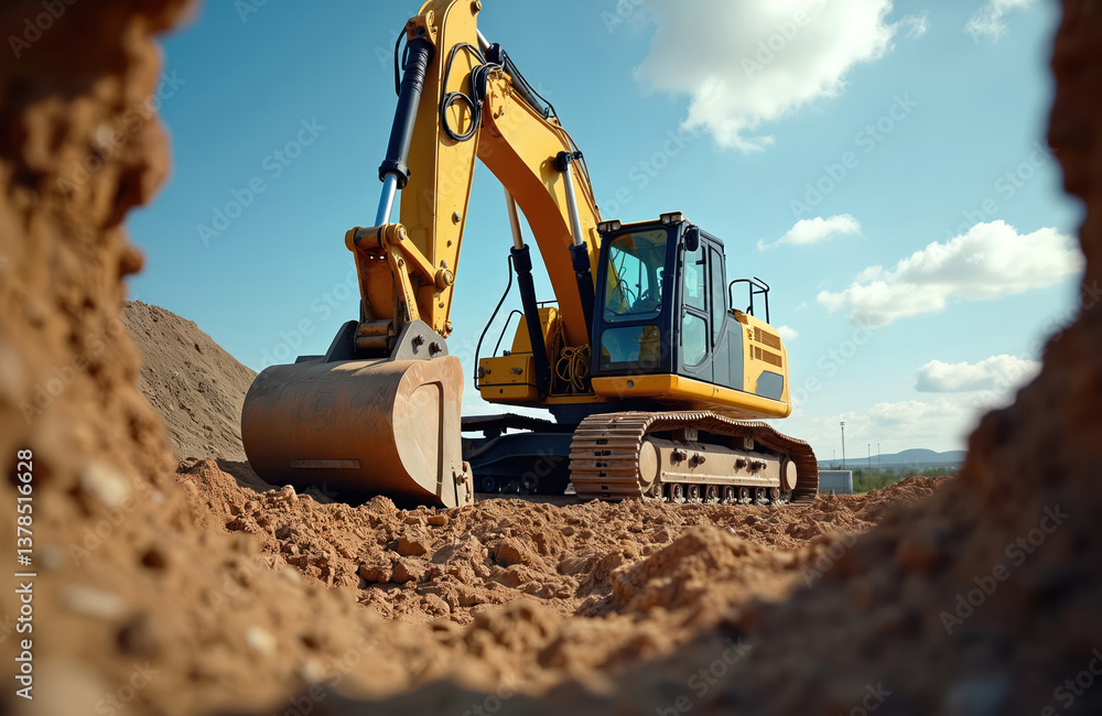 Powerful yellow excavator digging earth, construction site under blue ...