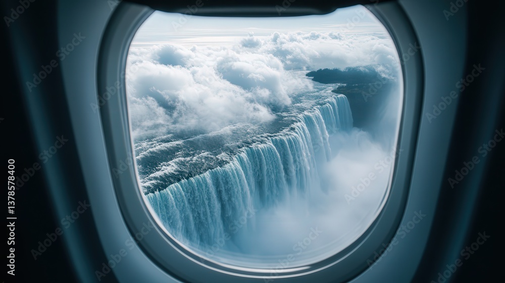 The airplane window offers a glimpse of a massive waterfall, its mist ...