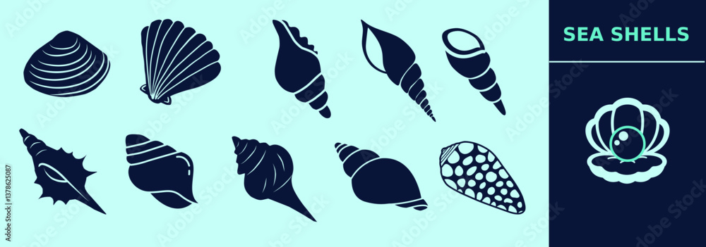 Sea shells icon set with various types, like clam, scallop, conch ...