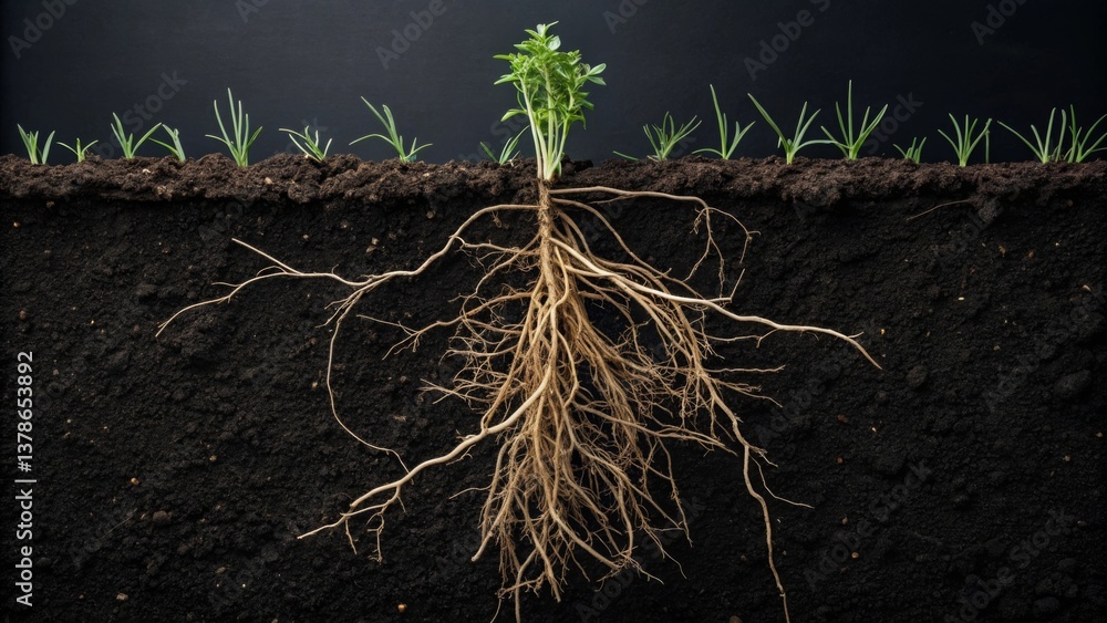 Cross-section view of plant root system growing deeply in soil against ...