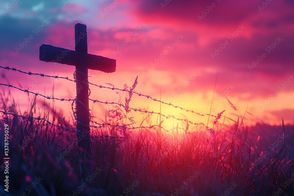 Cross of jesus christ break barrier wire on calvary sunset background ...