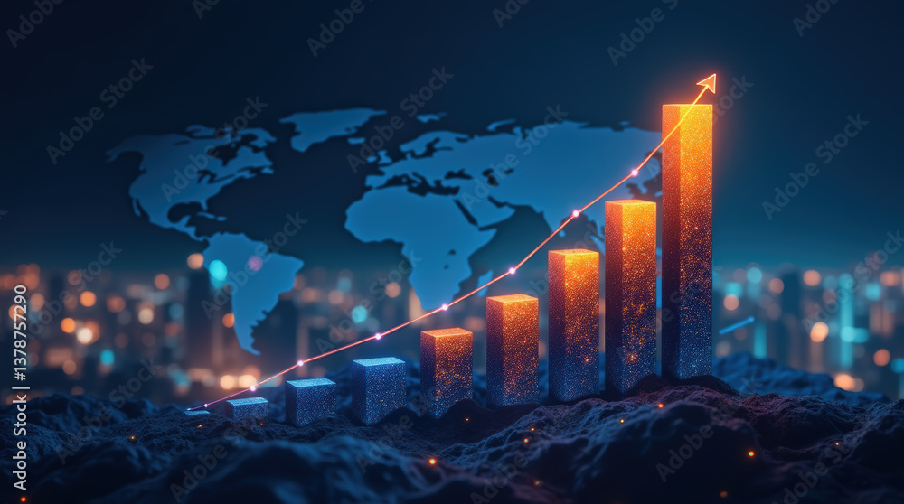 Stock market graph with arrows pointing upwards overlay on skycrapers ...
