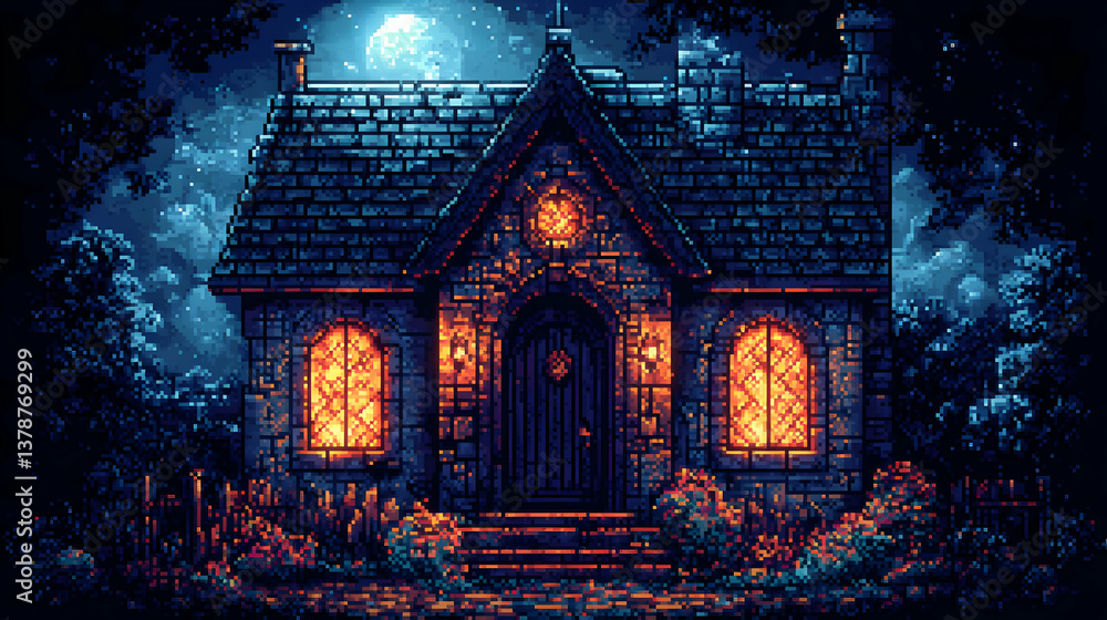 Pixel Art House with Glowing Windows under Moonlight in a Dark Night ...