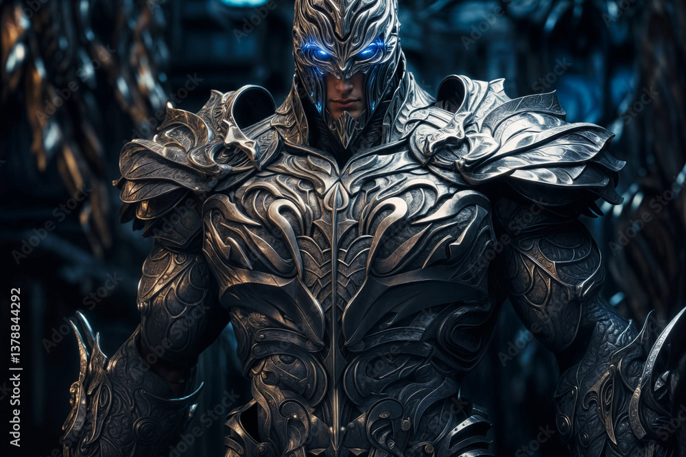 Warrior in ornate armor with glowing blue eyes, standing ready. His ...