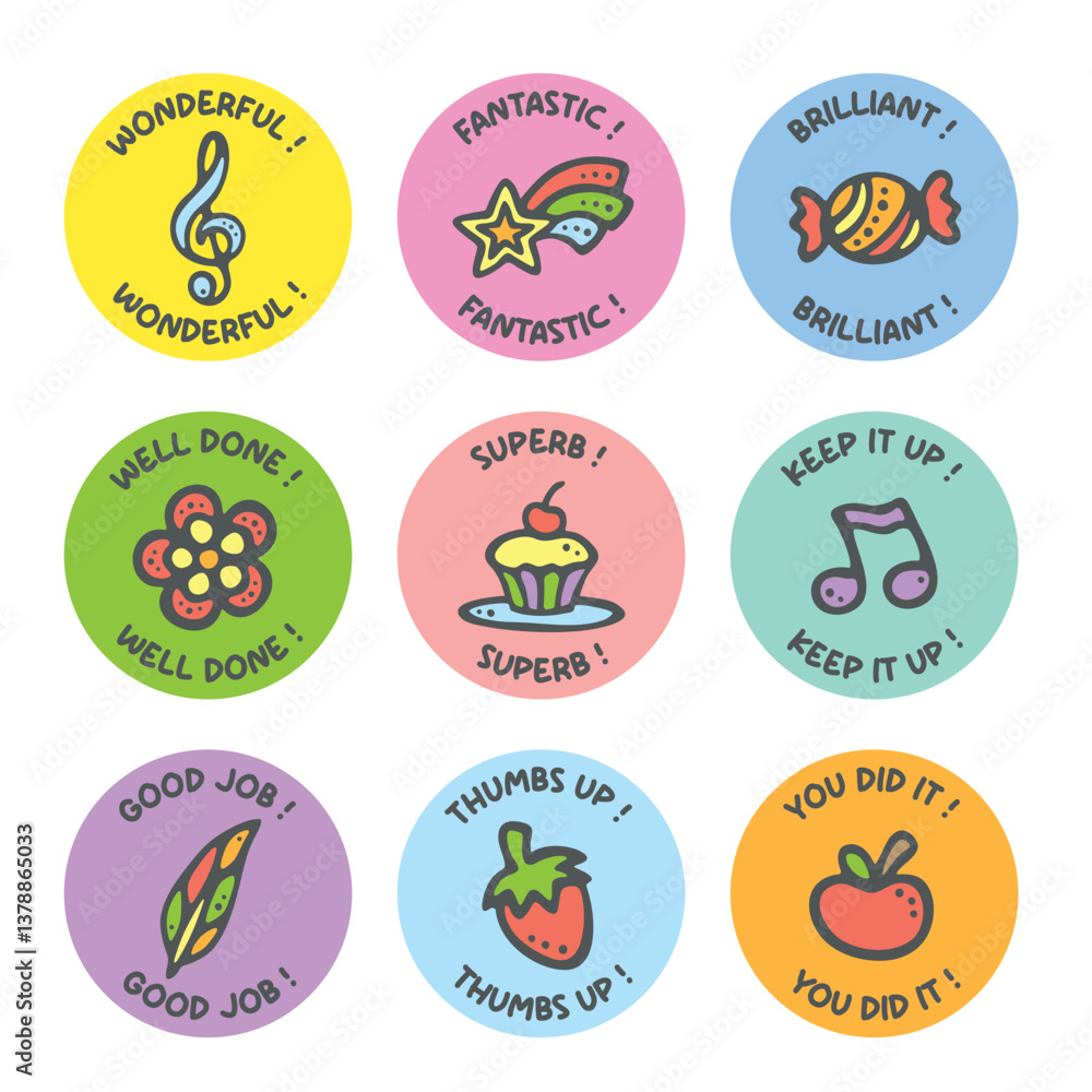 Set of kids children cute praise encouragement grade sticker stamp for ...