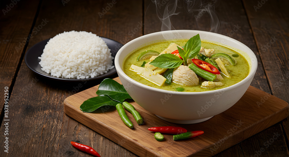 Authentic Thai Green Curry with Chicken and Steamed Rice Presentation ...