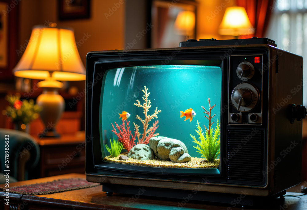 Стоковая иллюстрация «Vintage television displaying a vibrant aquarium ...