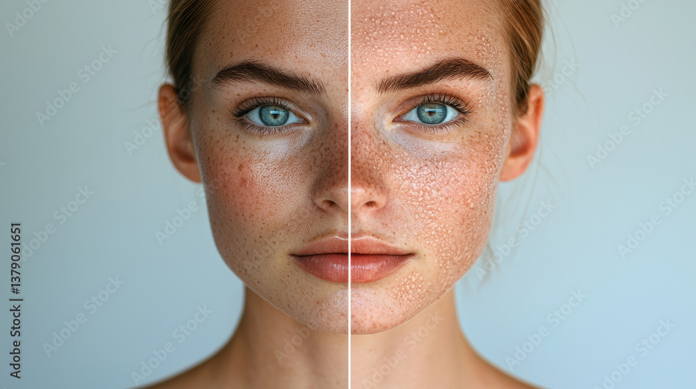 Split-face comparison showcasing clear skin versus textured skin in a ...