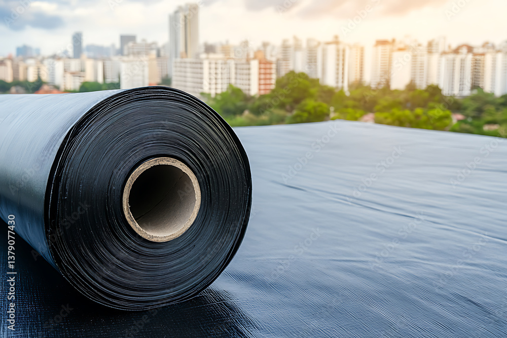 Roll of waterproof material on a rooftop with a cityscape background ...