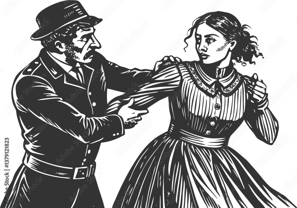 police officer restraining a woman in Victorian-era attire, historical ...
