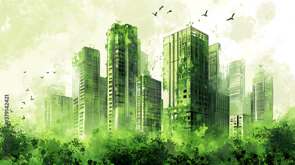 Sketch of an isolated green buildings promoting walkability and clean ...