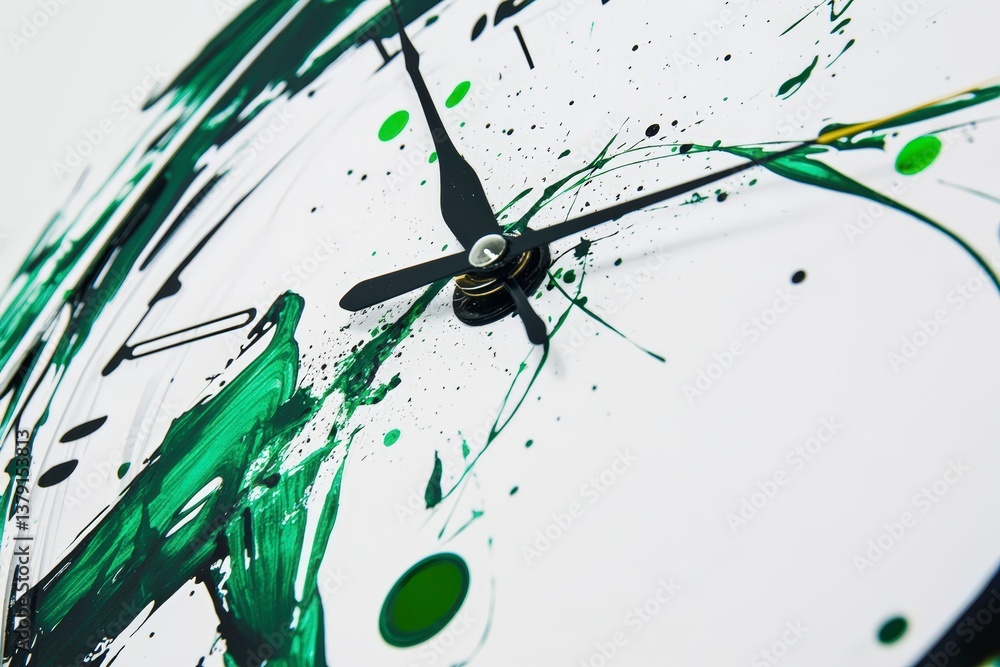 Abstract shattered clock with green paint splatter effect Stock Photo ...