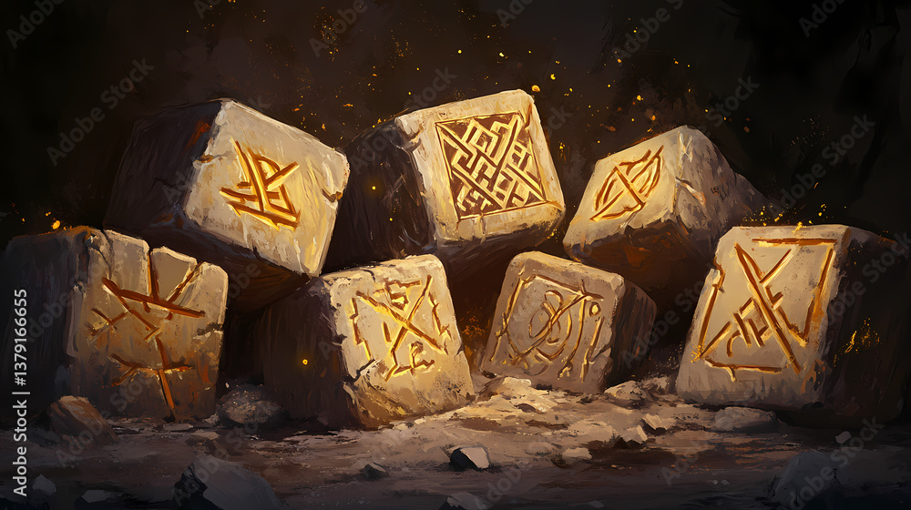 Ilustración de Stock Mystical runes carved in ancient stone embody lost ...