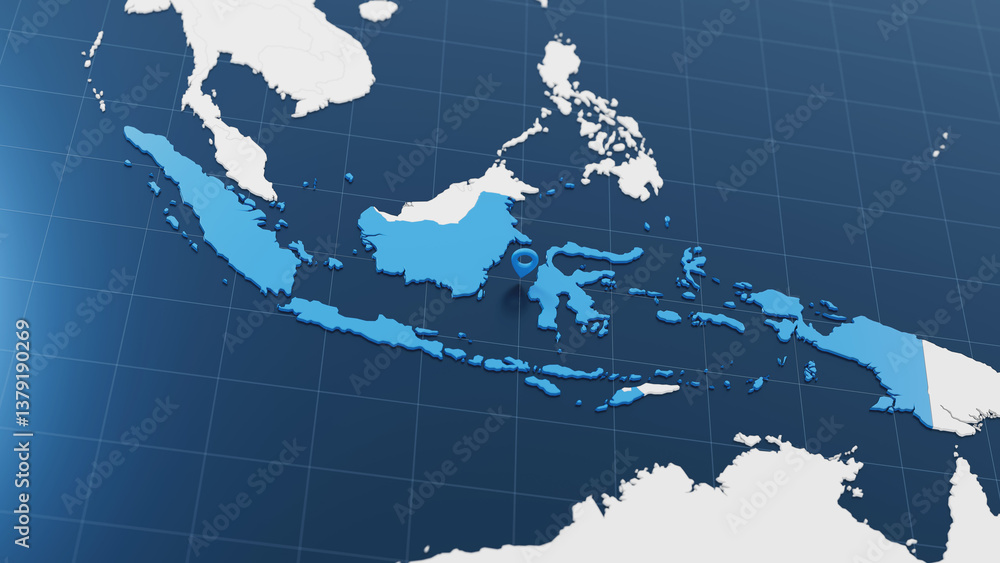 Blue Indonesia 3d map with pointer pin surrounded with other countries ...