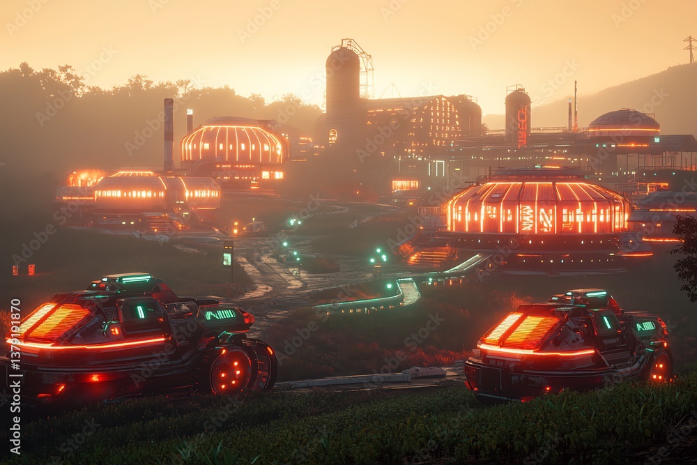 Cyberpunk Farm at Sunset: Futuristic farm with glowing neon structures ...