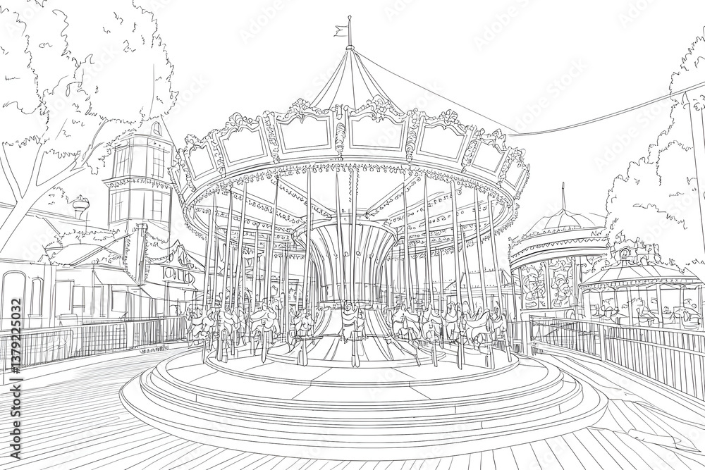 Carousel Coloring Page: Fun Fair Ride Stock Illustration | Adobe Stock