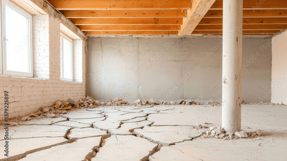 Earthquake crack damage concept, Cracked floor in empty room with ...
