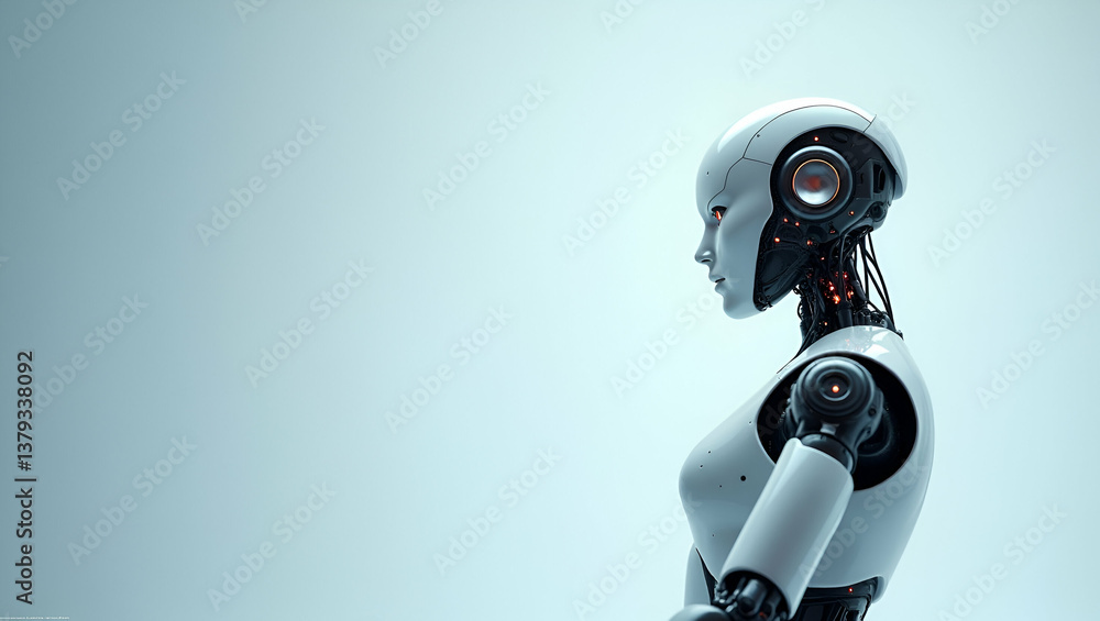 Present a sleek wallpaper design capturing humanoid robots with extensive empty space and ...