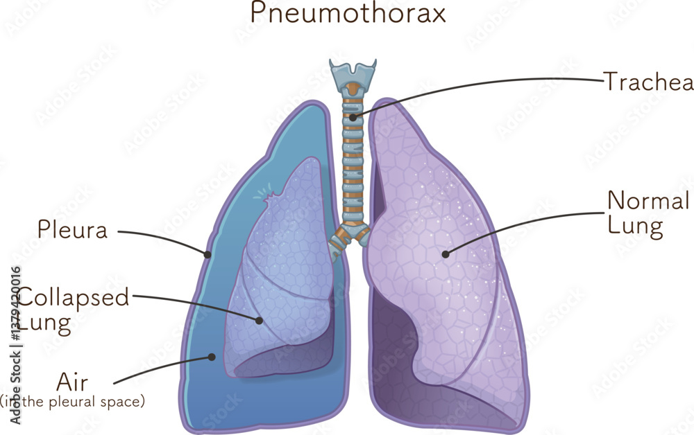 肺・気管・気胸・血胸・血気胸のイラスト lungs,windpipe,hemothorax,pneumothorax ...