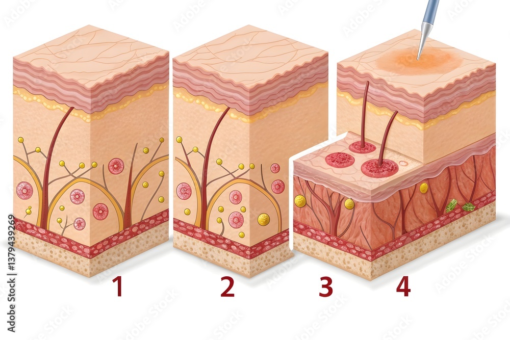 4-panel medical illustration depicting the stages of wound healing in ...