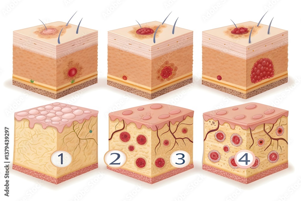 4-panel medical illustration depicting the stages of wound healing in ...
