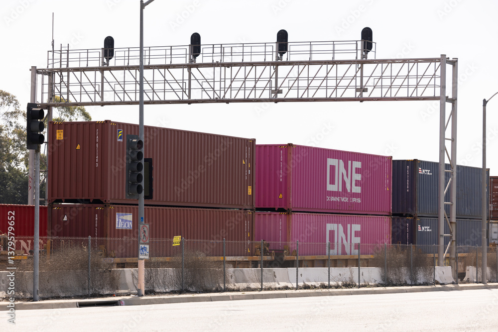 Compton, California, USA - April 2, 2025: An intermodal stack freight ...