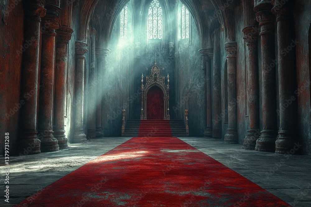 Majestic throne room with red carpet and towering columns in a gothic ...