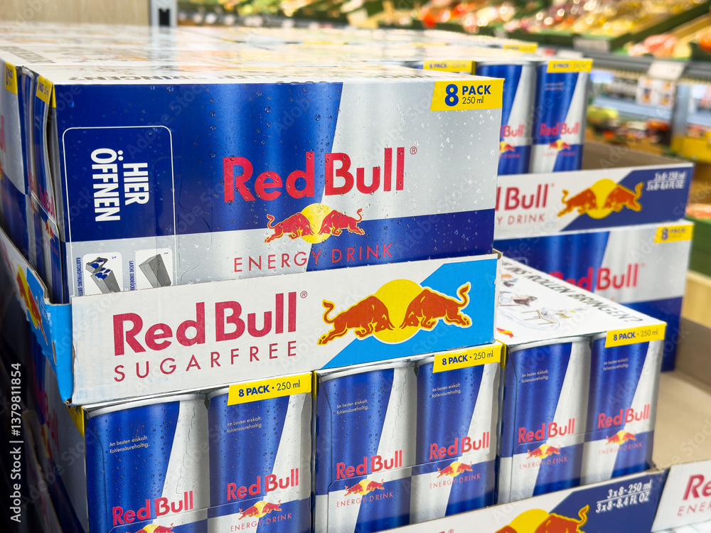 Red bull energy drink display in supermarket aisle Stock Photo | Adobe ...