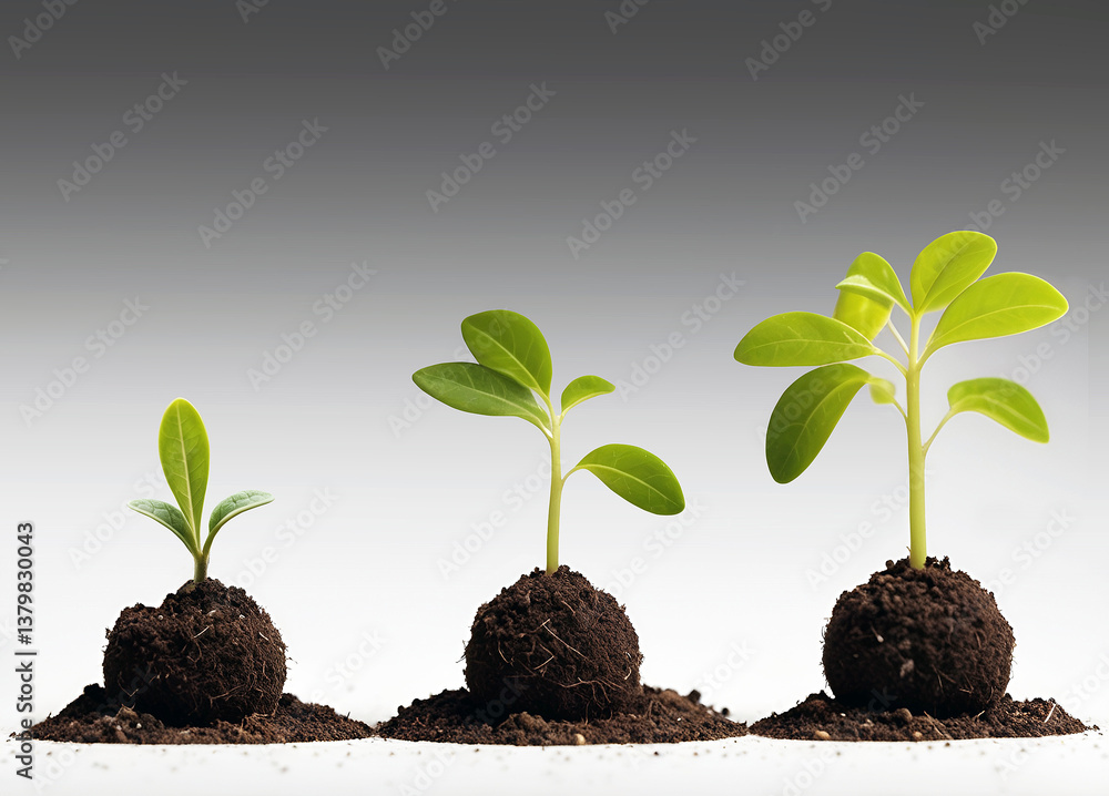 Young plants growing from soil. Plant growth stages from seedling to ...