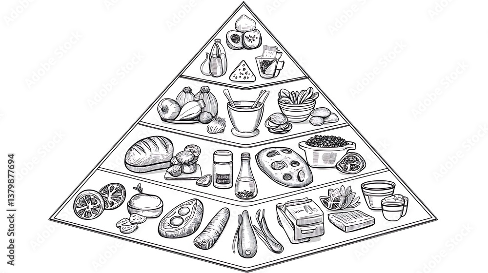 Grayscale food pyramid infographic for textbook use, clean line art ...